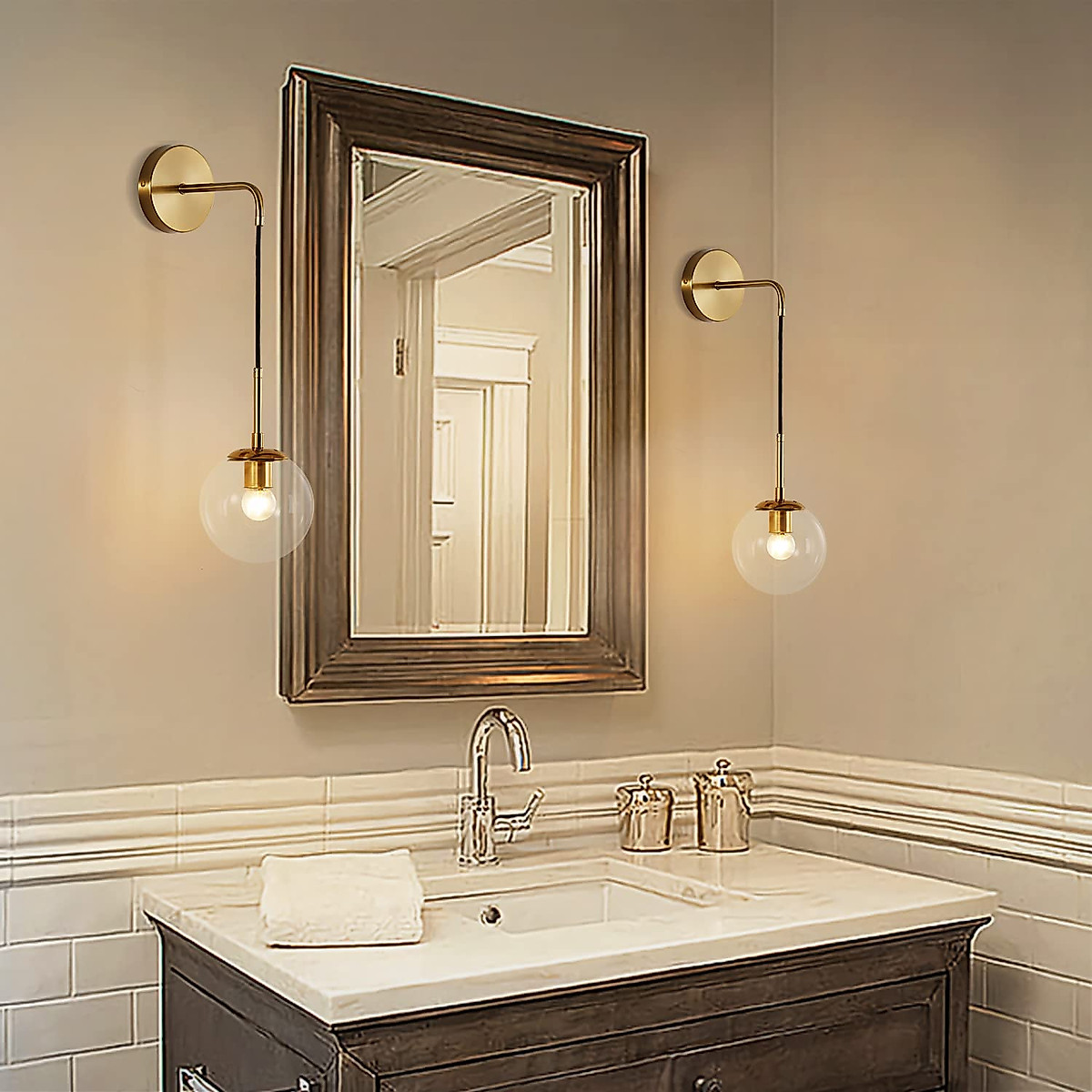 BOKT Mid Century Modern Globe Wall Sconce Lighting Brushed Brass Gold Bathroom Wall Light Clear Bubble Glass Ball Wall Light Fixture Lamp Bedroom Bedside Wall Light (Gold+Clear)