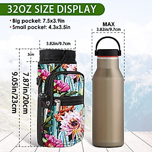 WINTOJO Neoprene Water Bottle Carrier Bag Holder 25oz 32oz 40oz 64oz Insulated Water Bottle Sling Sleeve Case Cover with Strap Pockets for Men Women Walking Hiking Running (32oz, cactus)