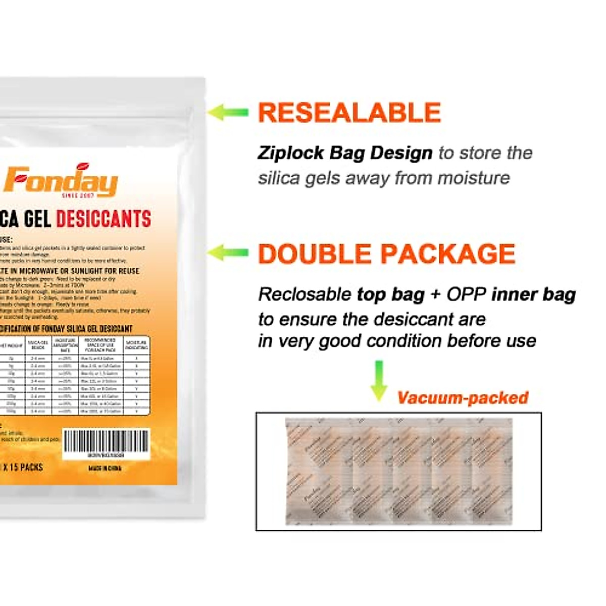 20Gram [15 Packets] Fonday Rechargeable Silica Gel Desiccant Packets Food Grade Fast Reactivate Desiccant Bags Moisture Indicating Orange to Green