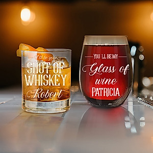 Couples Gifts - Personalized Wine & Whiskey Glasses - Mr & Mrs - His & Hers Anniversary Gift for Couple - Cool Couple Gifts for Boyfriend, Girlfriend, Husband, Wife or Fiancee - New Home Essentials