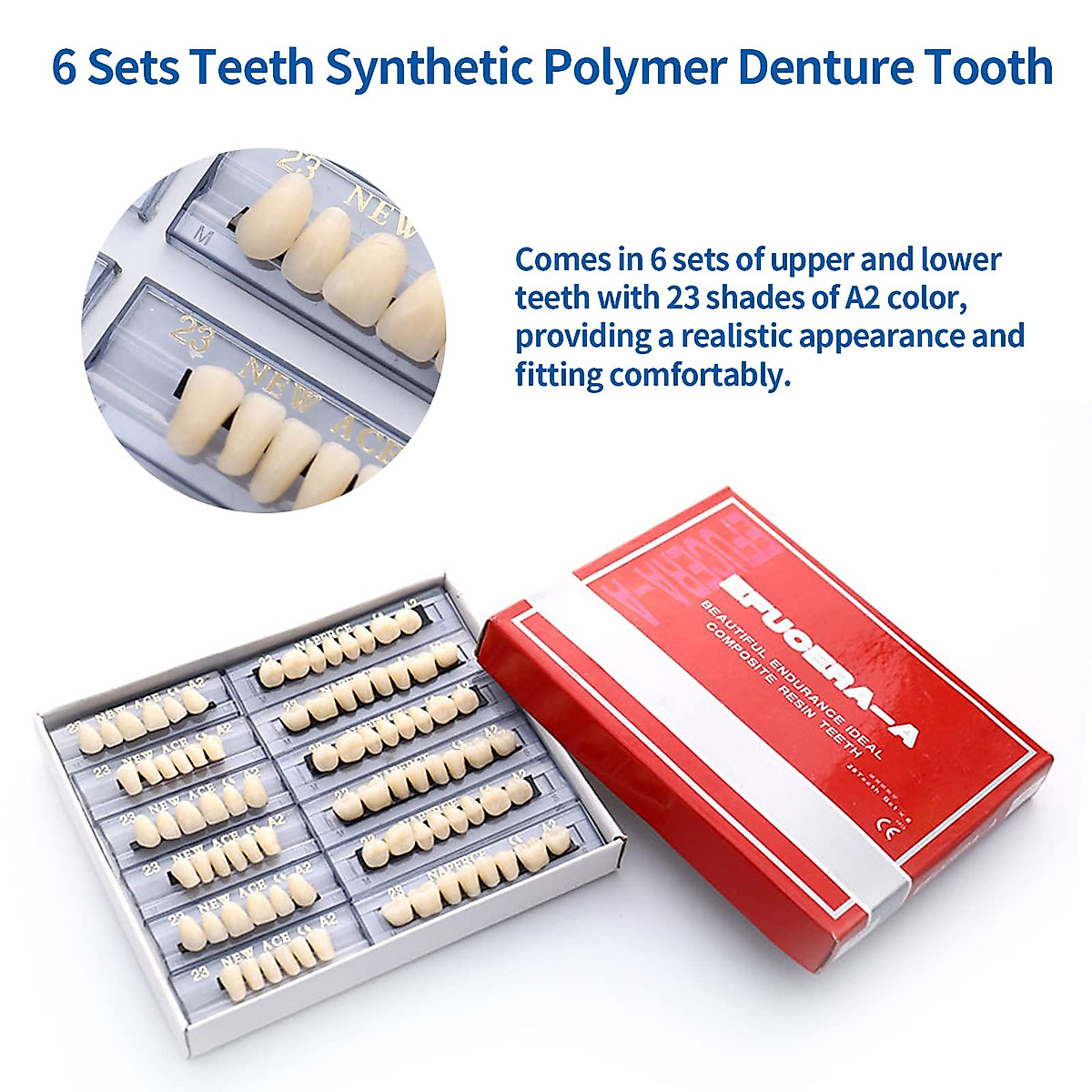 168 Pieces False Teeth Dental Complete Acrylic Resin Denture Teeth, 6 Sets Whole Teeth Synthetic Polymer Denture Tooth, 23 Shade A2 Upper + Lower Dental Materials for Replacement, DIY, or Halloween
