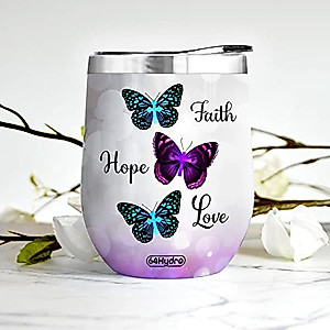 64HYDRO 12oz Faith Hope Love Butterfly Faith Christian Gifts Insulated Wine Tumbler With Lid - Stainless Steel Wine Glass Mug Cup For Travel, Office, Home - ABLZ2606009Z