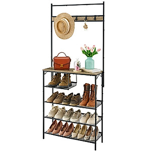 Hoctieon 5-Tier Hall Tree with Shoe Rack, Hall Trees for Entryway with Storage, Hall Tree with Bench and Shoe Storage, Mesh Slant, Greige