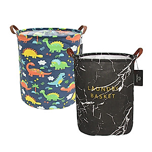 Collapsible Laundry Basket,GodenMoninG 2X 62.8L Large Sized Round Waterproof Storage Bin with Leather Handles,Toy Organizer,Children Nursery Hamper.（2 PACKS，Black Marbling & Blue Dinosaurs）