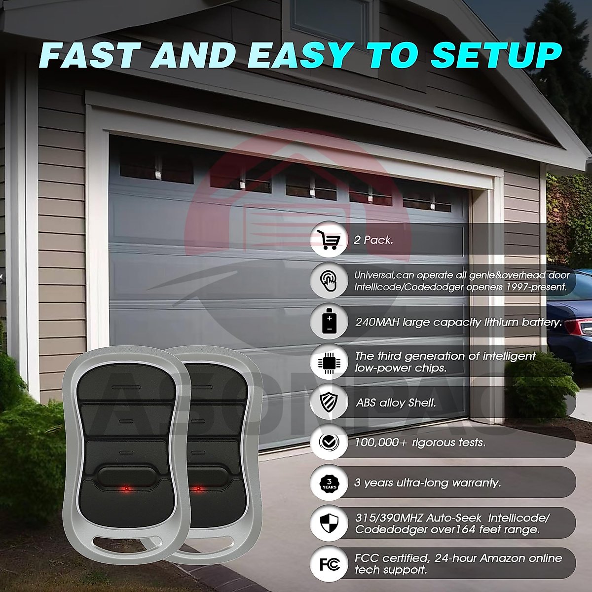 2Pack Genie Garage Door Opener Remote Replacement, Genie G3T-R, Overhead Door O3T-A O3T-BX Auto-Seek Dual Frequency IntelliCode/CodeDodger 3-Years-Warranty