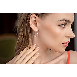 Sterling Silver Hoop Earrings for Women Girls 1 Inch, Diamond-cut Textured Design 2mm wide by 25mm Diameter