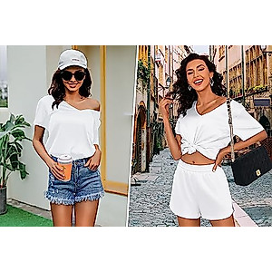 Litherday Women&#039;s Satin Pajama Set Silk Causal Short Sleeve Pj Shirt Lounge Shorts Sexy Pjs Soft V-Neck Sleepwear with Pockets White Medium