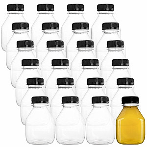 DEAYOU 24 Pack Plastic Juice Bottles, 8 OZ Empty Clear Beverage Bottles with Caps, Small Reusable Drink Container with Black Tamper Evident Lid for Take Out, Milk, Smoothie, Juicing, Cold Drinks