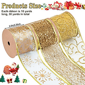 2.5'' Christmas Tree Ribbon Wired, 3 Rolls 30 Yards Gold Christmas Ribbon Mesh Swirl Sheer Glitter Snowflake Organza Ribbon for Christmas Tree Decorations Gift Wrapping, Crafts Garland Xmas Wreath