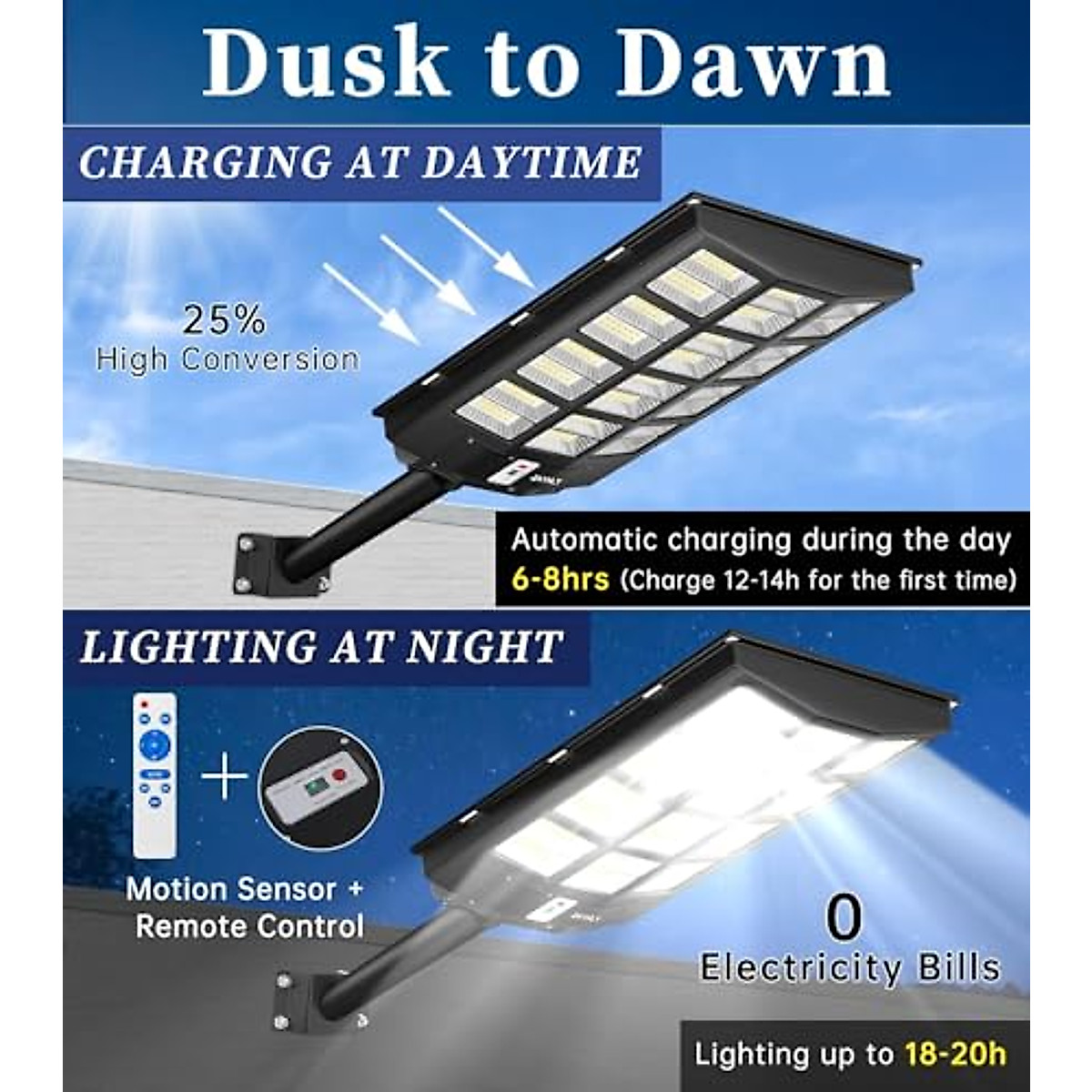JAYNLT 6000W Solar Street Lights Outdoor, 600000LM 6500K Powerful Solar Parking Lot Lights Commercial, Duks to Dawn Solar Flood Lights Outdoor with Motion Sensor for Yards, Driveways