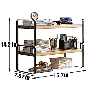 YGYQZ Wood Office Desk Shelf Organizer - Desktop Supplies Cute Dresser Top Organization Storage Rack and Cubicle Decor Aesthetic Bookshelf for Women Man and Kids (Black-Two Tier)