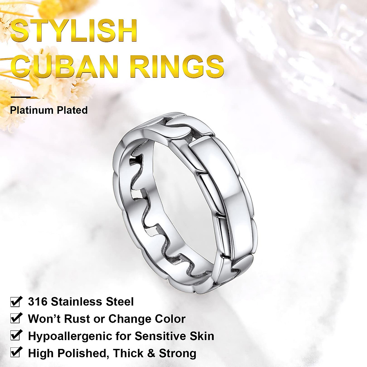 FOCALOOK Womens Stainless Steel 5.5mm Wide Band Cuban Link Chain Ring (Silver,7)