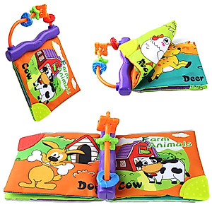 Little Bado Baby 6 Month + Toys Earlyears Tactile and Educational Cloth Soft Book-Teether Rings-Infant Developmental Toy Farm Animal - Squeak, Rattle, Crinkle Toddler Activity Gift