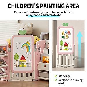 UNICOO Kids Multifunctional Toy Storage Organizer with 3-Tier Bookshelf, Storage Rack & Drawing Board, Flexible & Versatile L Shaped Organizer for Nursery, Playroom, Study Room (Pink)