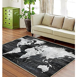 Black Area Rugs for Bedroom, Living Room, World Map Modern Abstract Non-Slip Area Rug Distressed Floor Carpet, 8 x 10 feet