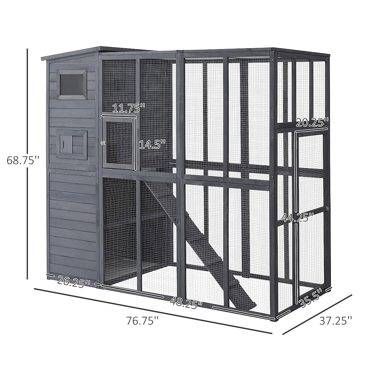 PawHut Outdoor Catio, Cat House Wooden Feral Cat Shelter, Cat Cage with Platforms, Waterproof Asphalt Roof, Ramps, 77" L, Gray