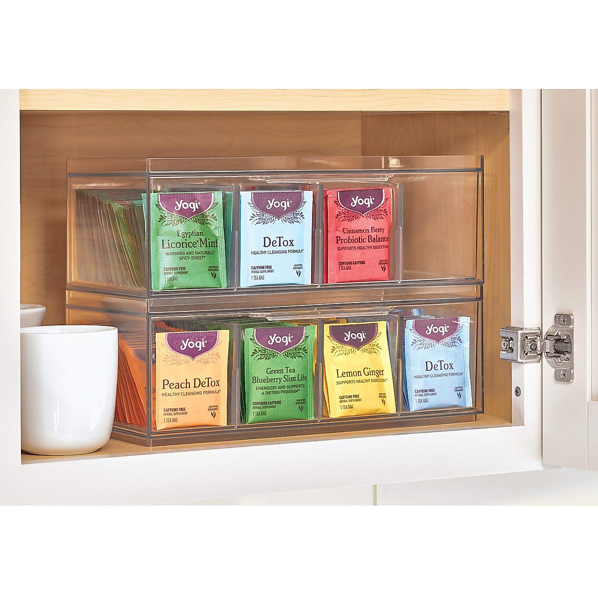 iDesign Crisp BPA-Free Plastic Stackable Tea Bag Organizer for Kitchen Cabinets and Countertops - 12.59" x 6.23" x 4.57", Clear with Gray Dividers