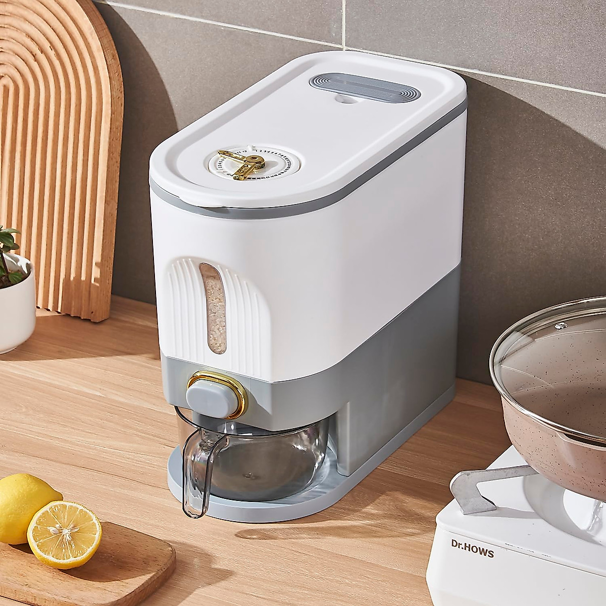 Sooyee 11 Lbs Rice Container, Large Grain Container Storage with Lid Measuring Cylinder Moisture Proof Household Cereal Dispenser Bucket for Kitchen Soybean Corn,White and Grey