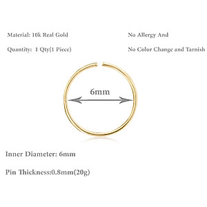 ONDAISY 10K Solid Gold Open Tragus Cartilage Snug Daith Helix Inner Outer Conch 6mm Round Large Big Tiny Small Thin Mini Face Nose Septum Hoop Ring Ear Piercing Earring For Women Girls Men