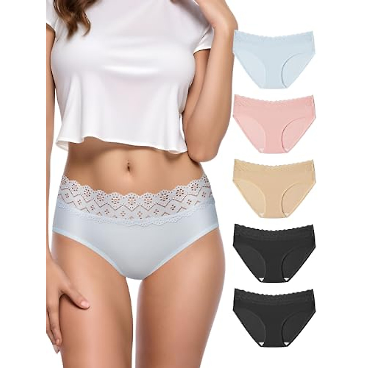 MEIYATING Women’s Panties Lace Low Rise Sexy Hipster Bikini Underwear Seamless Cute Stretch Silky Pack(Multicolor,XL)