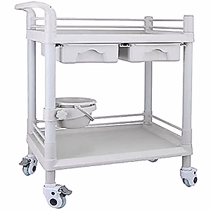Medical Cart Kitchen Trolley Cart Island Rolling Serving Carts Salon SPA Beauty Hairdressing Rolling Trolley Cart with 2 Drawer and Adjustable Dirt Bucket | ABS Hospital Cart for Laboratory, Beauty Sa
