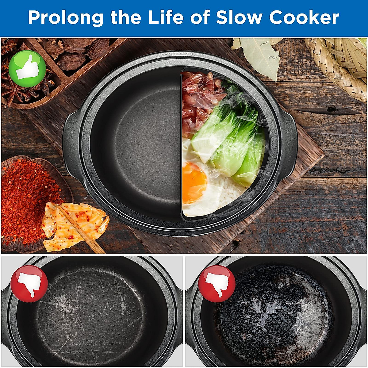 2023 Upgrade Silicone Crock Pot Liner Fit for Crockpot 6 QT Oval, BPA Free Reusable Slow Cooker Divider Insert Separator Bags Triple Pockets, Dishwasher Safe (3 Dividers)