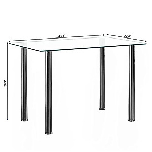 Karl home Modern Tempered Glass Dining Table, Kitchen & Dining Room Glass Tables with 4 Heavy-Duty Metal Legs, 200lbs Capacity, 43.3" L x 27.6" W x 28.9" H (Glass)