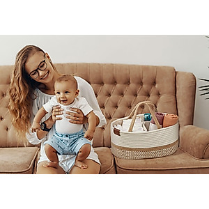 DECOMOMO Diaper Caddy, Baby Diaper Caddy Basket, Diaper Organizer for Changing Table Girl Boy Gift (Spiral Beige & White, Large)