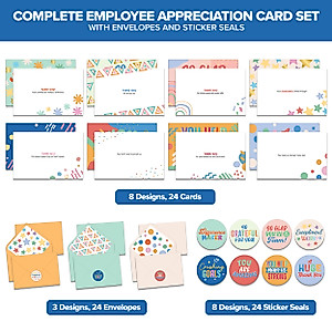 Decorably 24 Pack Gold-Foiled Employee Appreciation Cards with Envelopes & Stickers - 8 Designs Blank Inside Employee Appreciation Card, 6x4in Employee Thank You Cards for Employees Appreciation
