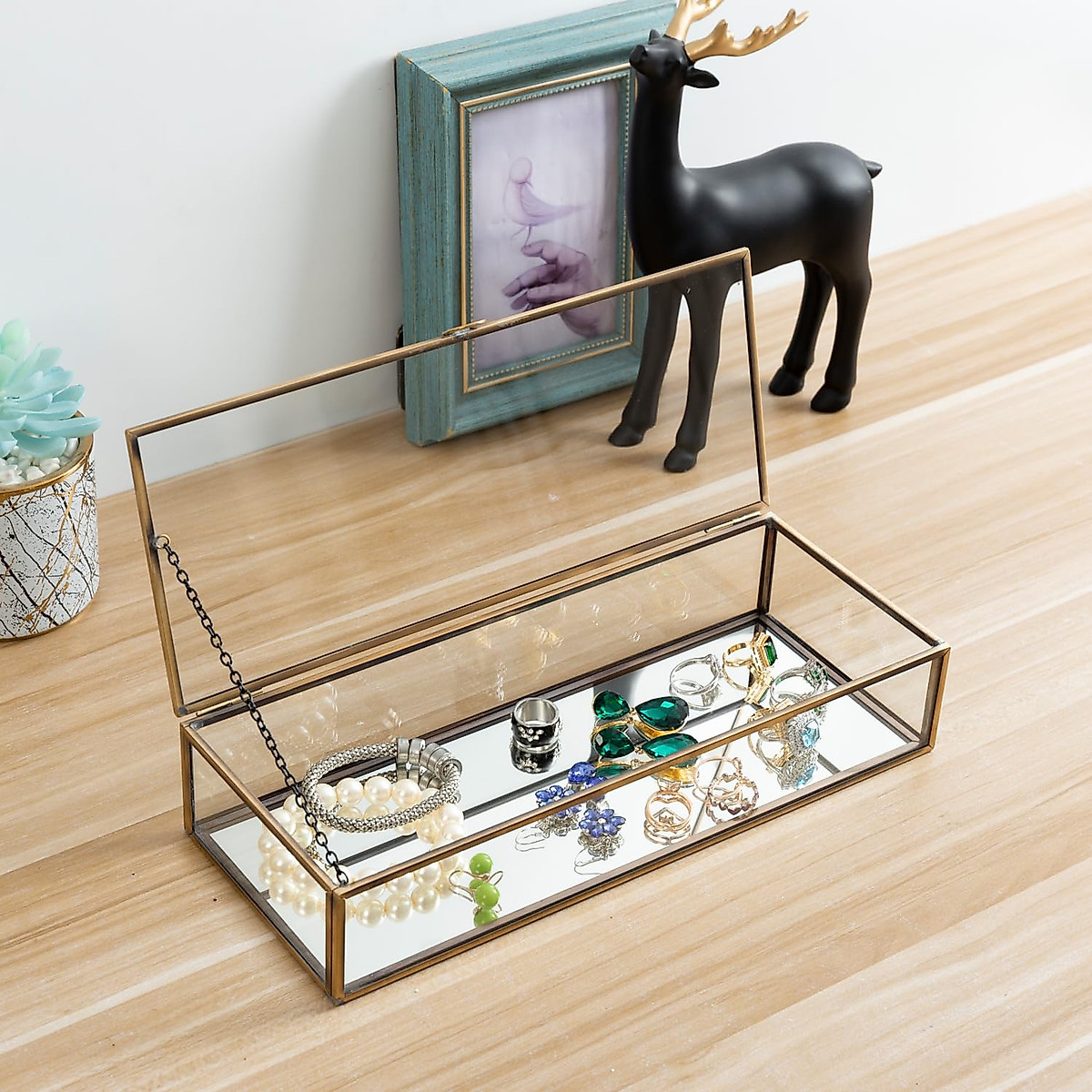 MyGift Glass Jewelry Box, Vintage Style Brass Metal & Clear Glass Mirrored Shadow Box Jewelry Display Case with Hinged Top Lid
