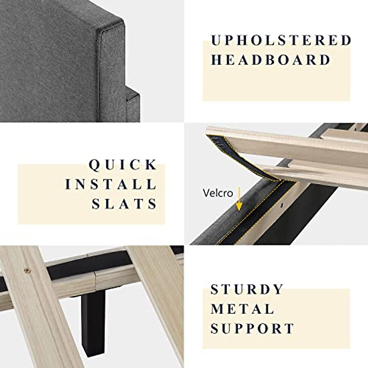 Allewie Queen Size Bed Frame with Adjustable Headboard, Upholstered Platform Bed with Sturdy Wood Slat Support, No Box Spring Needed, Easy Assembly, Dark Grey