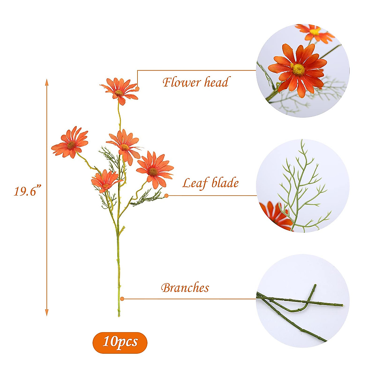 10 Bundles Fake Daisy Mums Artificial Flowers for Outdoors Decoration Uv Resistant Faux Flowers Greenery Shrubs Plants for Hanging Planter Home Wedding Office Garden Outside Decor (Orange)