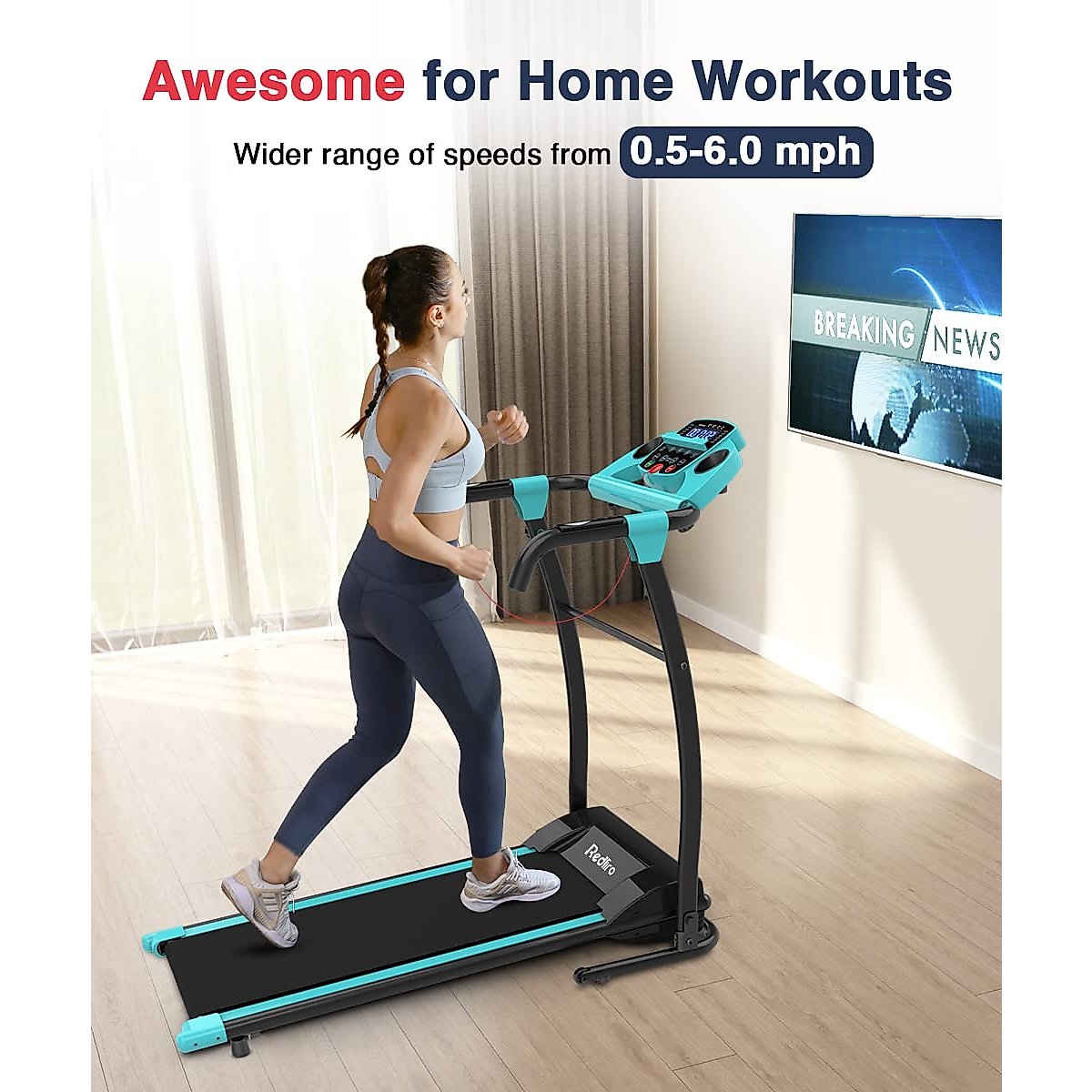 REDLIRO Electric Treadmill Foldable Exercise Walking Machince for Apartment Home/Office Jogging Compact Folding Easy Assembly 12 Preset Program 2 Wheels LCD Display