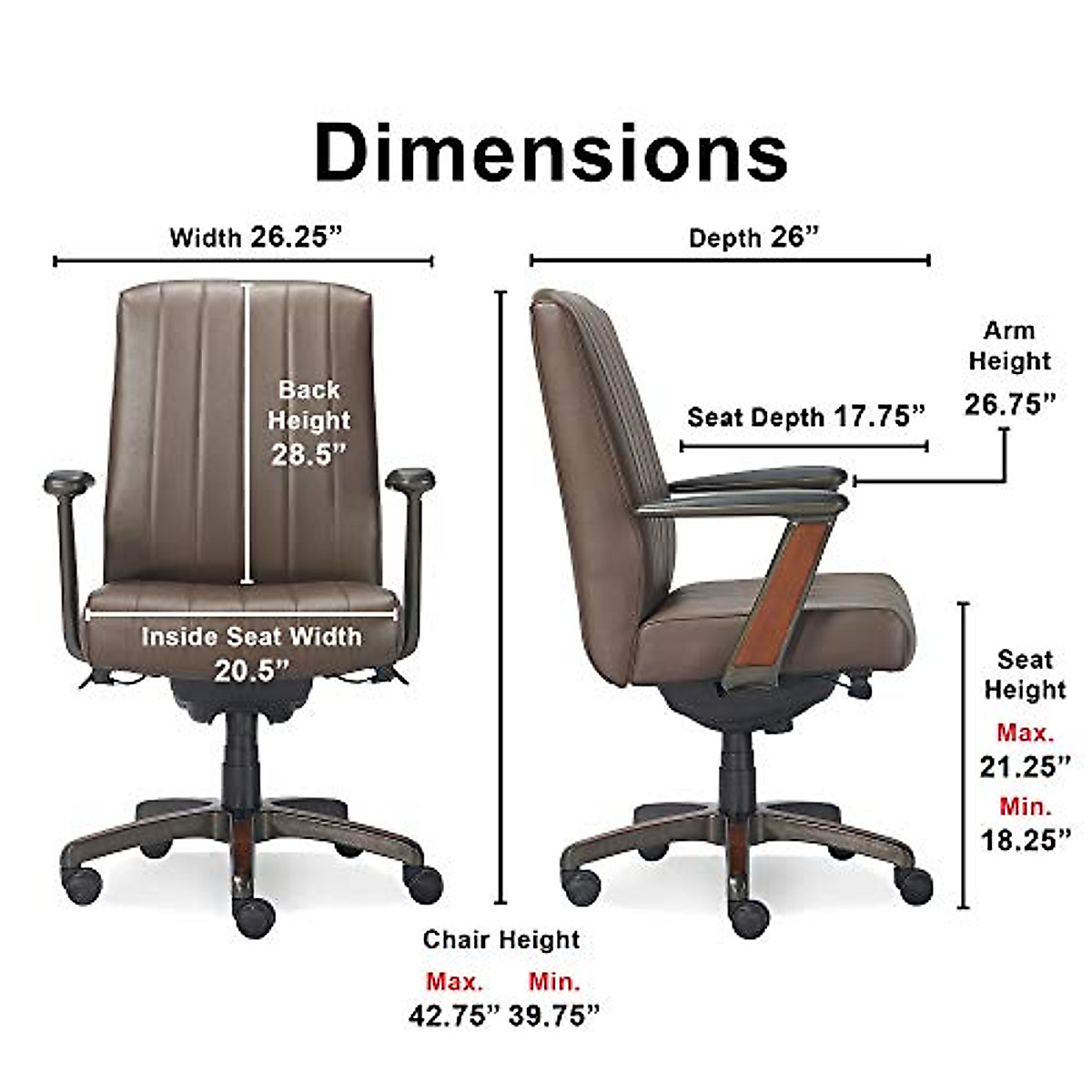 La-Z-Boy Bennett Modern Executive Lumbar Support, Rich Wood Inlay, High-Back Ergonomic Office Chair, Bonded Leather, Brown 26D x 26.25W x 39.75H in