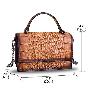 Genuine Leather Handbags for Women Retro Handmade Small Satchel Purse Luxury Top Handle Real Leather Embossed Design Crossbody Bag (Brown)