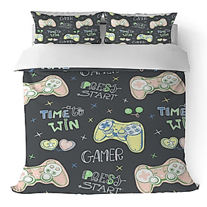 Duvet Cover Sets California King -Cute Video Game Joystick-Bedding Comforter Set Breathable SetsSoft Microfiber 3 Pcs