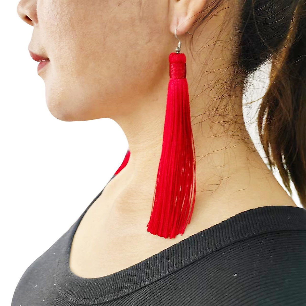 MELUOGE Women's Knotted Tassel Long Earrings 4.7" (B:Red)