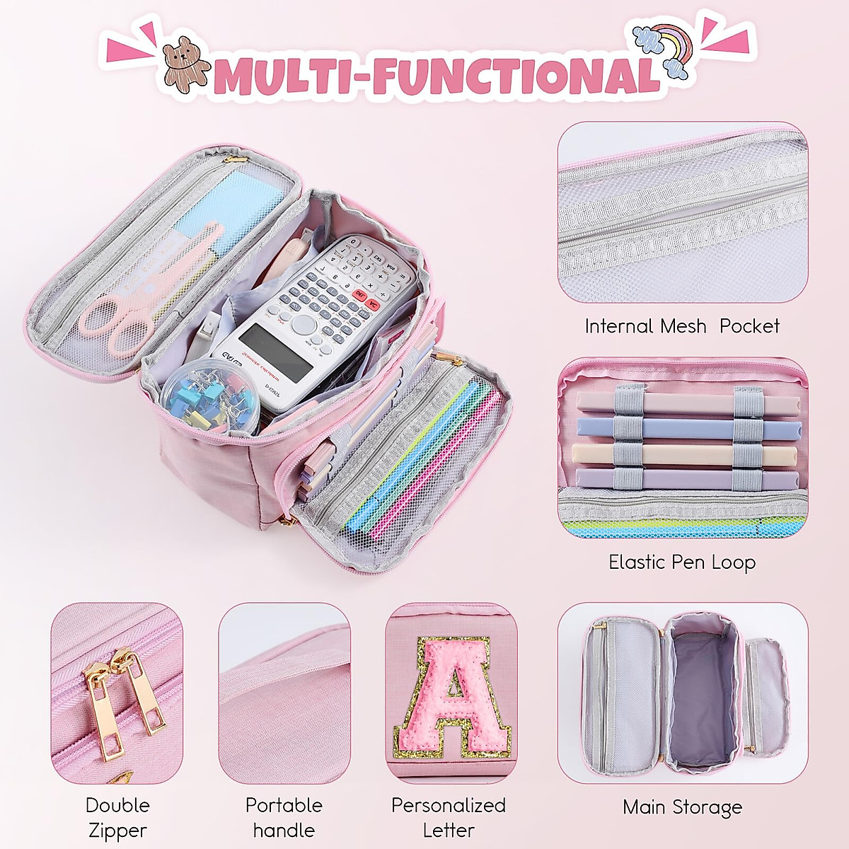 YOOLIFE Initial Pencil Case Large Capacity Pencil Pouch Handheld Pen Bag Cute Portable Gift for Office School Teen Girl Women 11 12 13 14 Year Old Girl Gifts Aesthetic Pencil Case Pencil Pouch Pink L