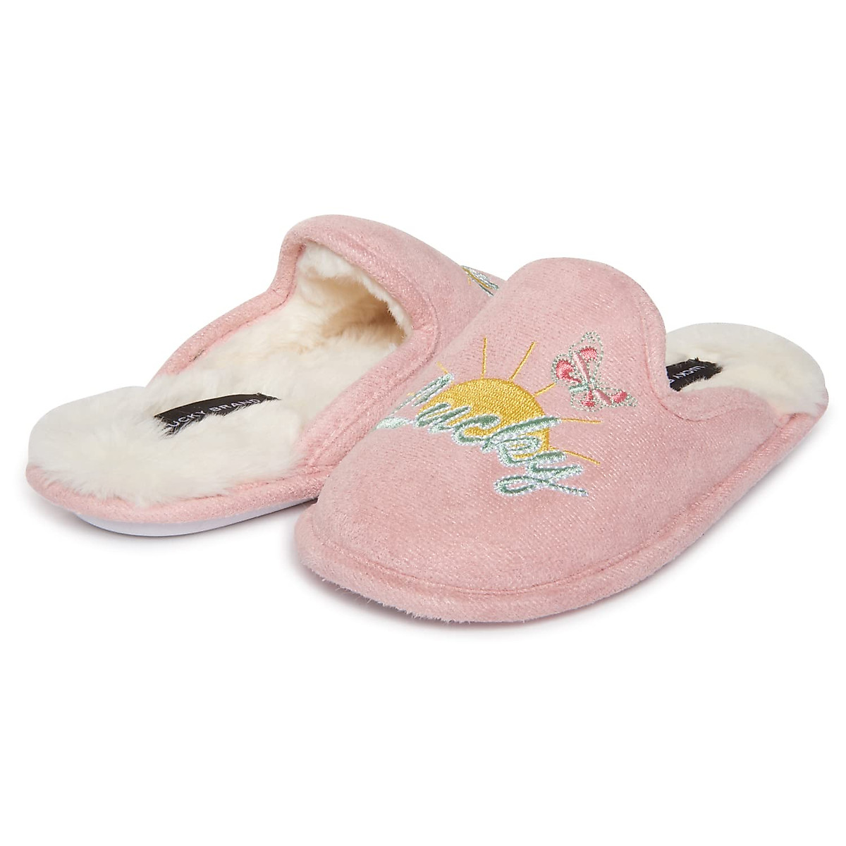 Lucky Brand Girls Micro Suede Scuff Slippers, Fuzzy Rubber Sole House Shoes, Kids Faux Fur Lined Indoor Outdoor Slipper, Pink, Size 2-3
