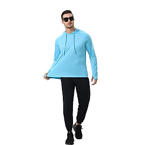 Yundobop Men's UPF 50+ Rash Guard Swim Shirt Long Sleeve Athletic Hoodies Lightweight Fishing Running Thumbholes Shirt Sky Blue L