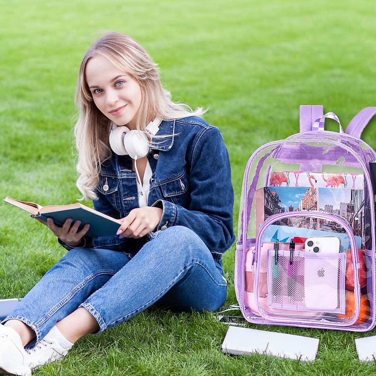 Clear Backpack for Women and Men, Heavy Duty PVC Backpacks, See Through Transparent Bookbag - Purple