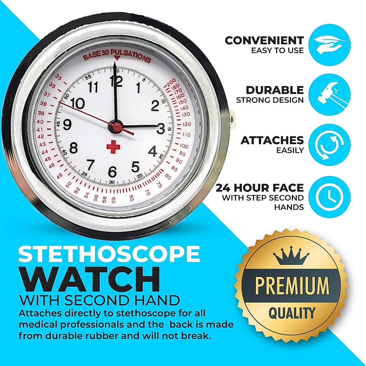 Nurse Stethoscope Watch - Lightweight Metal Frame- Attaches Directly to Stethoscope for All Medical Professionals (Silver)