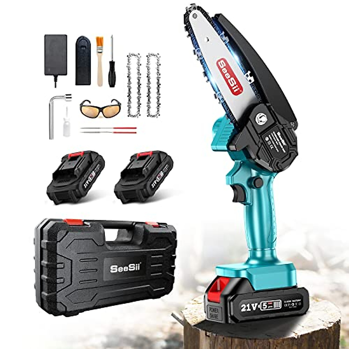 Mini Chainsaw 6-inch Mini Chainsaw Cordless 𝟭𝟮 Pc Tool Set, Seesii Battery Chainsaw with 2x Big Batteries, 2.62lbs Handheld Electric Power Chain Saw with Safety Lock for Tree Trimming Wood Cutting