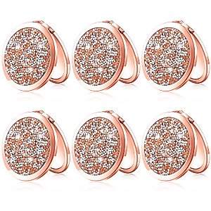 Yulejo 6 Pieces Magnifying Compact Cosmetic Mirror Mini Diamond 1X/ 2X Makeup Mirror 2.75 Inch Round Pocket Travel Makeup Folding Small Purse Size Mirror for Women Girls Bridesmaid Gift(Rose Gold)