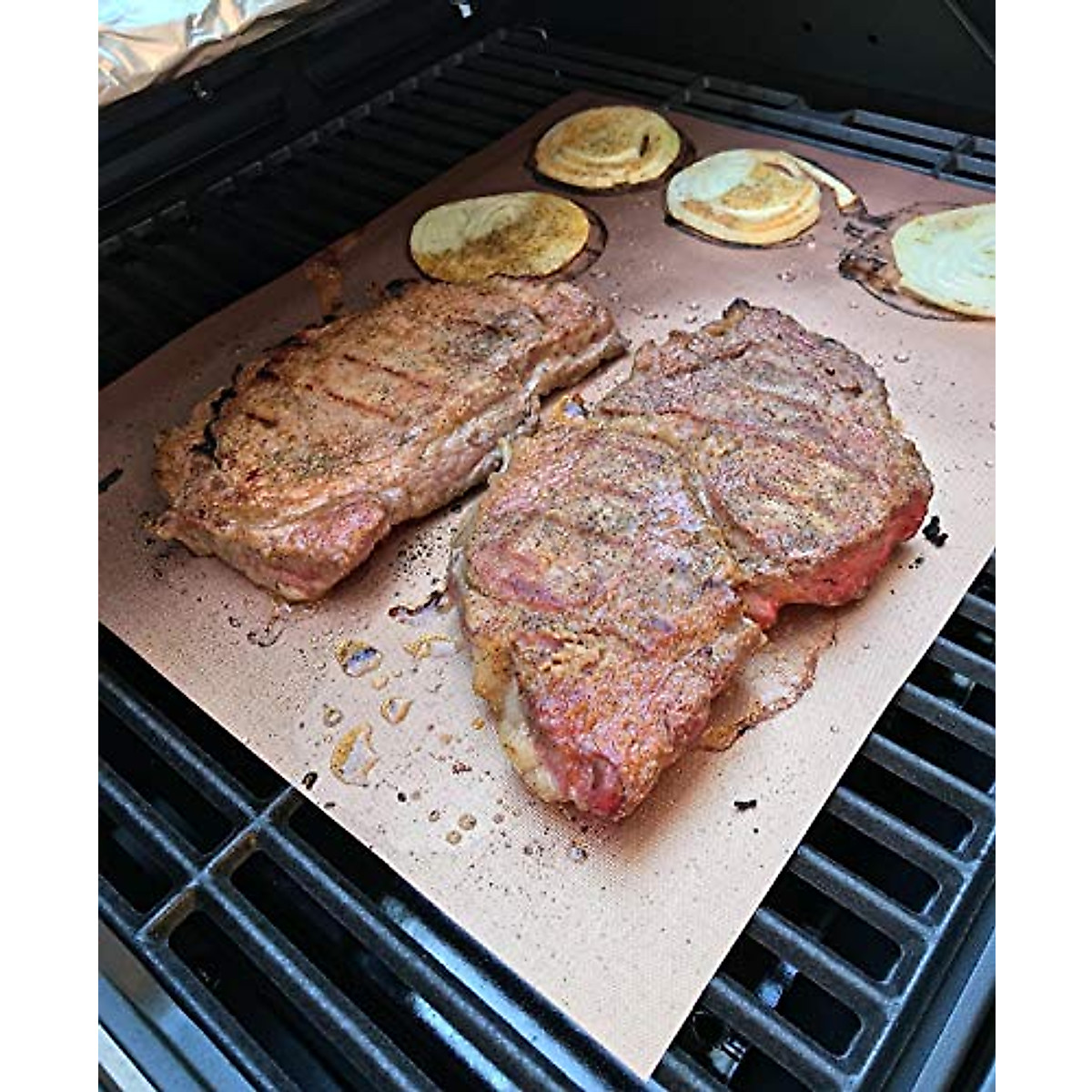 LOOCH Copper Grill Mat Set of 5 - Non-Stick BBQ Outdoor Grill & Baking Mats - Reusable and Easy to Clean - Works on Gas, Charcoal, Electric Grill and More - 15.75 x 13 Inch
