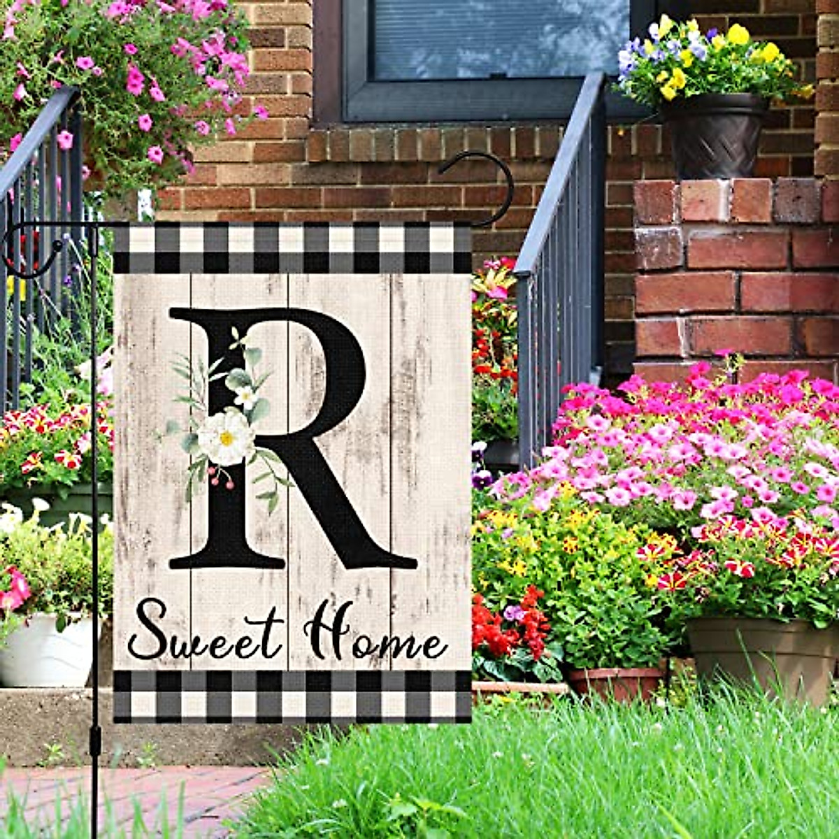Monogram Letter R Initial Garden Flag 12x18 Double Sided Burlap, Small Vertical Welcome Initial Family Last Name Personalized Sweet Home Flag Outdoor Decoration (ONLY FLAG)