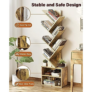 SUNMORY 6 Tier Tree Bookshelf, Small Bookcase with Storage Cabinet, Modern Tall Narrow Bookshelves Organizer, Floor Standing Book Shelf for Bedroom/Living Room/Home Office/Corner, Rustic Brown