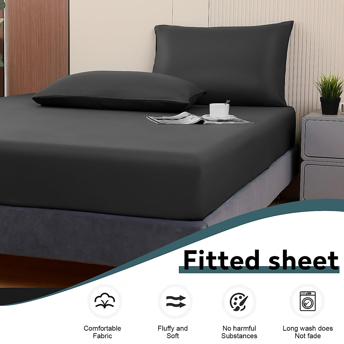Toodou Soft Brushed Microfiber Black Twin Size Fitted Sheet-Comfortable and Durable Fitted Sheets-The Mattress Covers Made of Premium Fabric Which Have Great Breathability