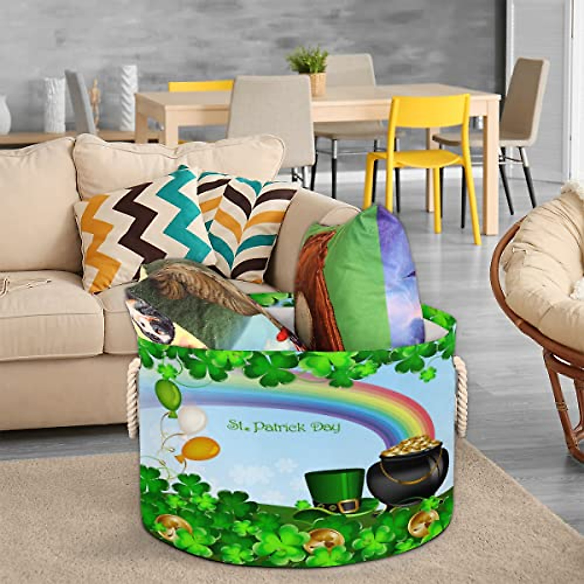 St Patrick's Day Rainbow Large Round Baskets for Storage Laundry Baskets with Handles Blanket Storage Basket for Bathroom Shelves Bins for Organizing Nursery Hamper Girl Boy