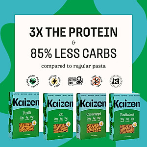 Kaizen Low Carb Keto Pasta Fusilli - High Protein (20g), Gluten-Free, Keto-Friendly (6g Net), Plant-Based Lupini Noodles made w/High Fiber Lupin Flour - 8 ounces (Pack of 3)